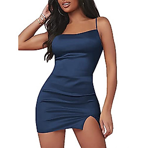 LYANER Women's Satin Silk Spaghetti Strap Slit Bodycon Sleeveless Mini Dress Navy Blue Medium