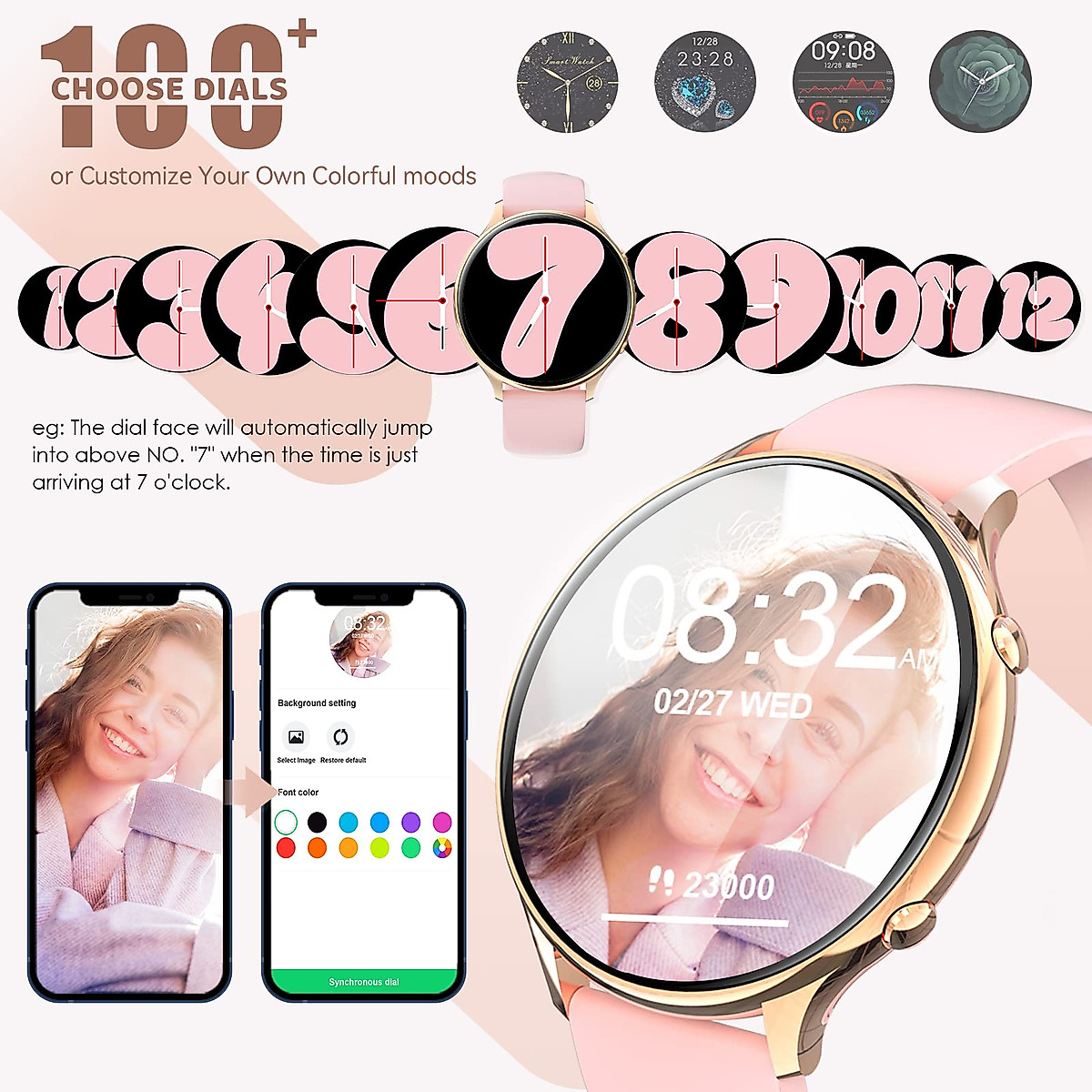 EIGIIS Smart Watch for Women 2023 HD Smartwatch for iPhone and Android Phones 3ATM Waterproof Fitness Watch with Heart Rate Blood Oxygen Temperature Monitor Sleep Tracker Pedometer