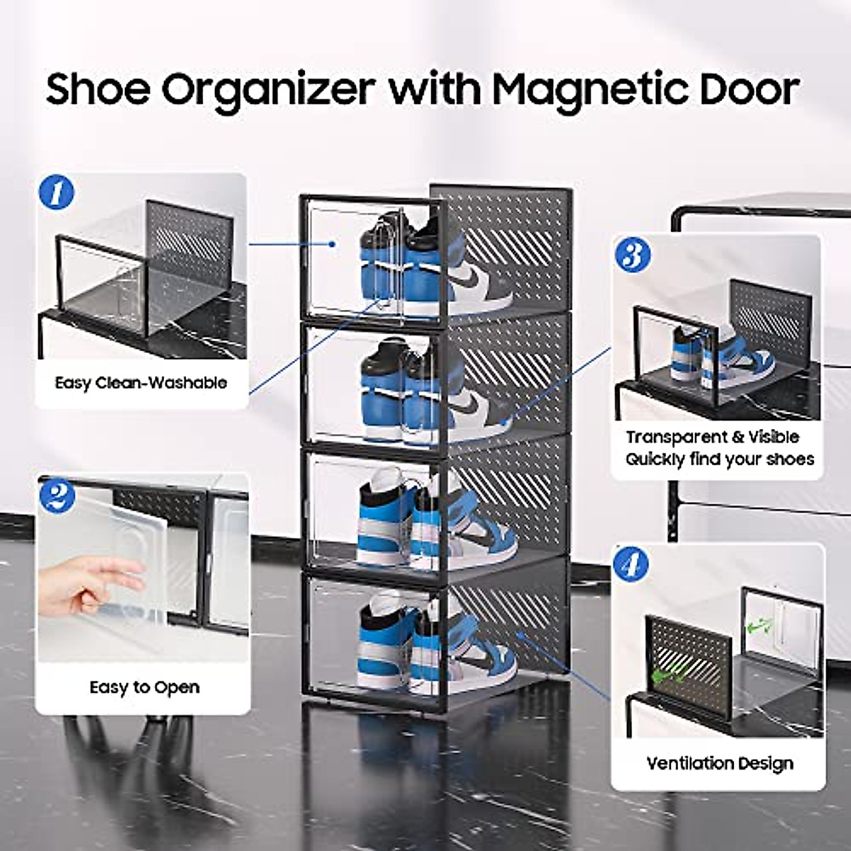 eWonLife Large Storage Box with Magnetic Door, 12 Pack Clear Plastic Stackable Sneaker Organizer for Closet, Connect Left and Right Shoe Containers Bins for Entryway, Drop Front, Under Bed, Black