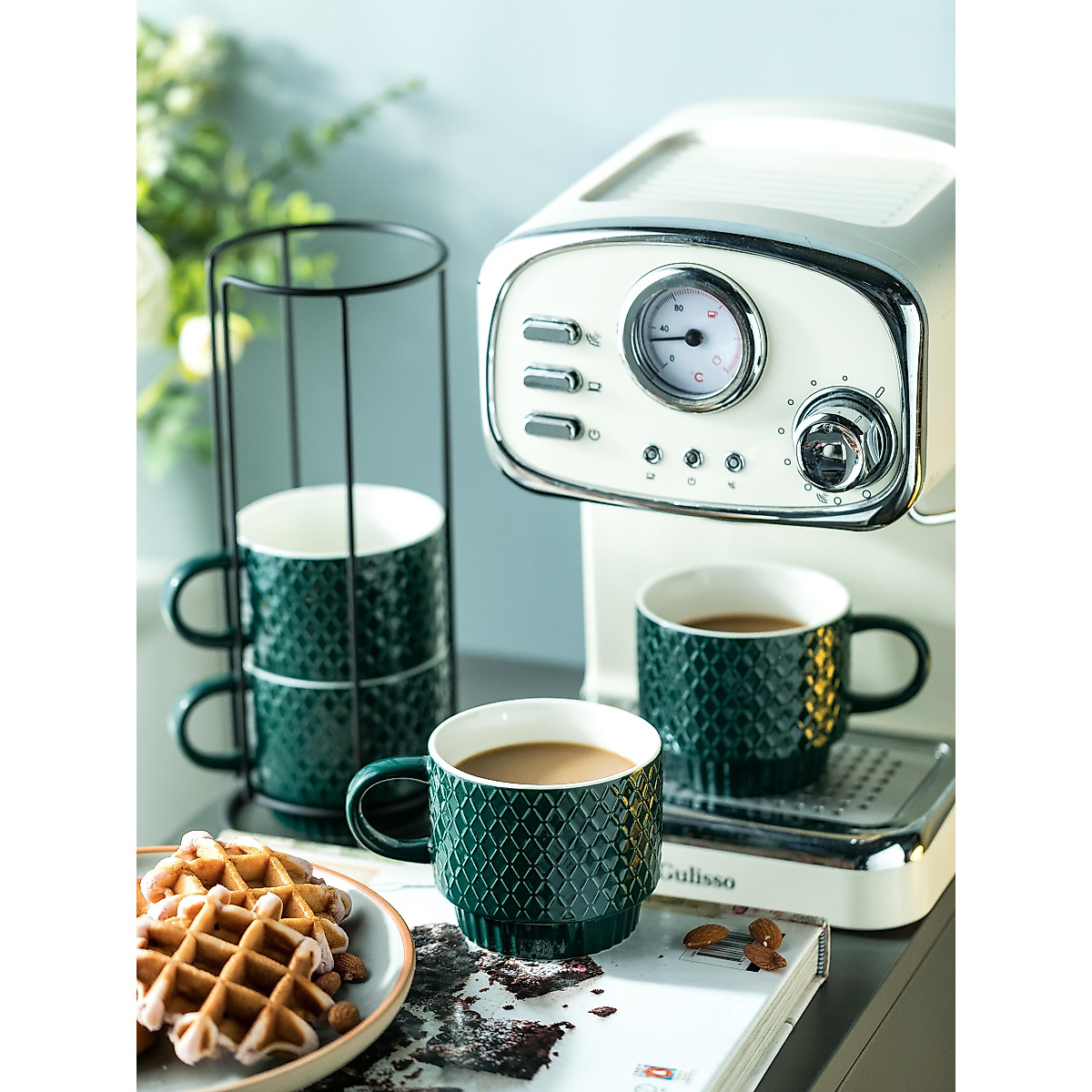 LYEOBOH Coffee Mug Set Porcelain Stackable Coffee Mugs with Stand and Spoons, 13 OZ. Cappuccino Cup Demitasse Cups for Drinks, Espresso, Latte,Set of 4, Dark Green