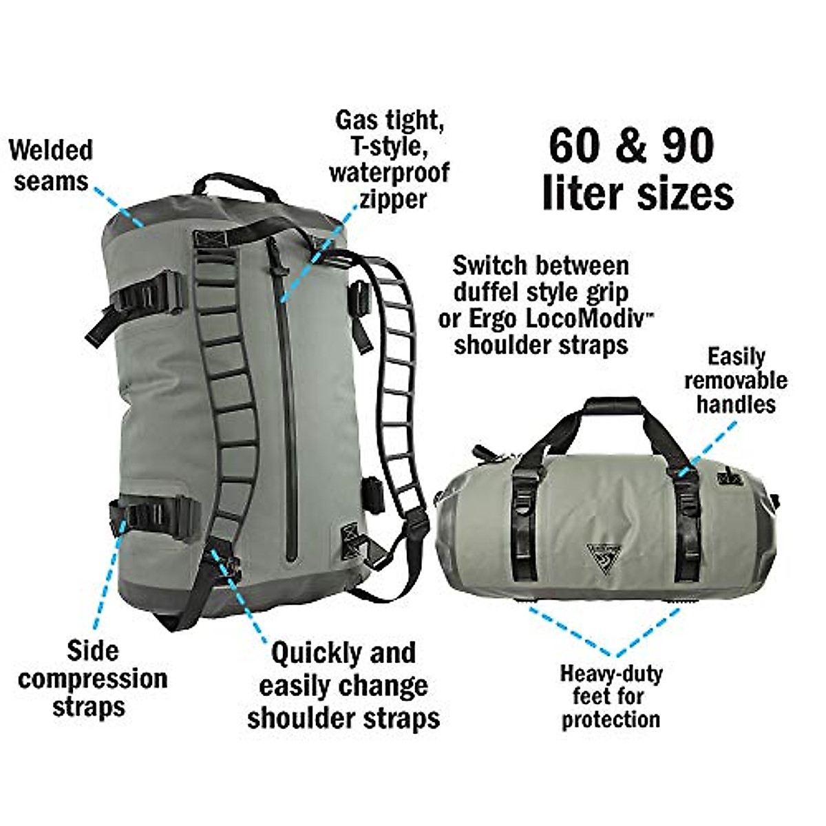 Seattle Sports LocoDry DownUnder ZipDuff - 90L Heavy Duty Waterproof Duffel Bag Backpack, Gray/Dark Gray