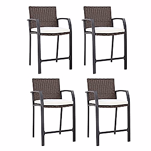 LOKATSE HOME Bar Stools Counter Height Chair Set of 4 Patio Furniture with Armrest for Garden Pool Lawn Backyard, Beige