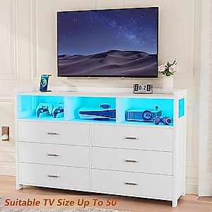 Alohappy 6 Drawer Dresser for Bedroom, LED Dresser Chest of Drawers with Power Outlets, Modern White Dresser for Bedroom, Living Room, Entryway, Hallway