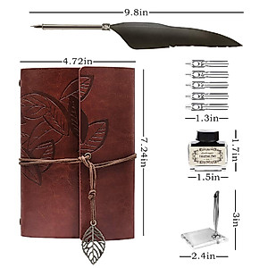 Quill Pen and Ink Set, Antique Feather Dip Calligraphy Pen Set, including Feather Pen, 5 Replacement Nibs, Pen Nib Base, Notebook, Ink, Gift Box, Best Gifts for Men Dad (Grey)