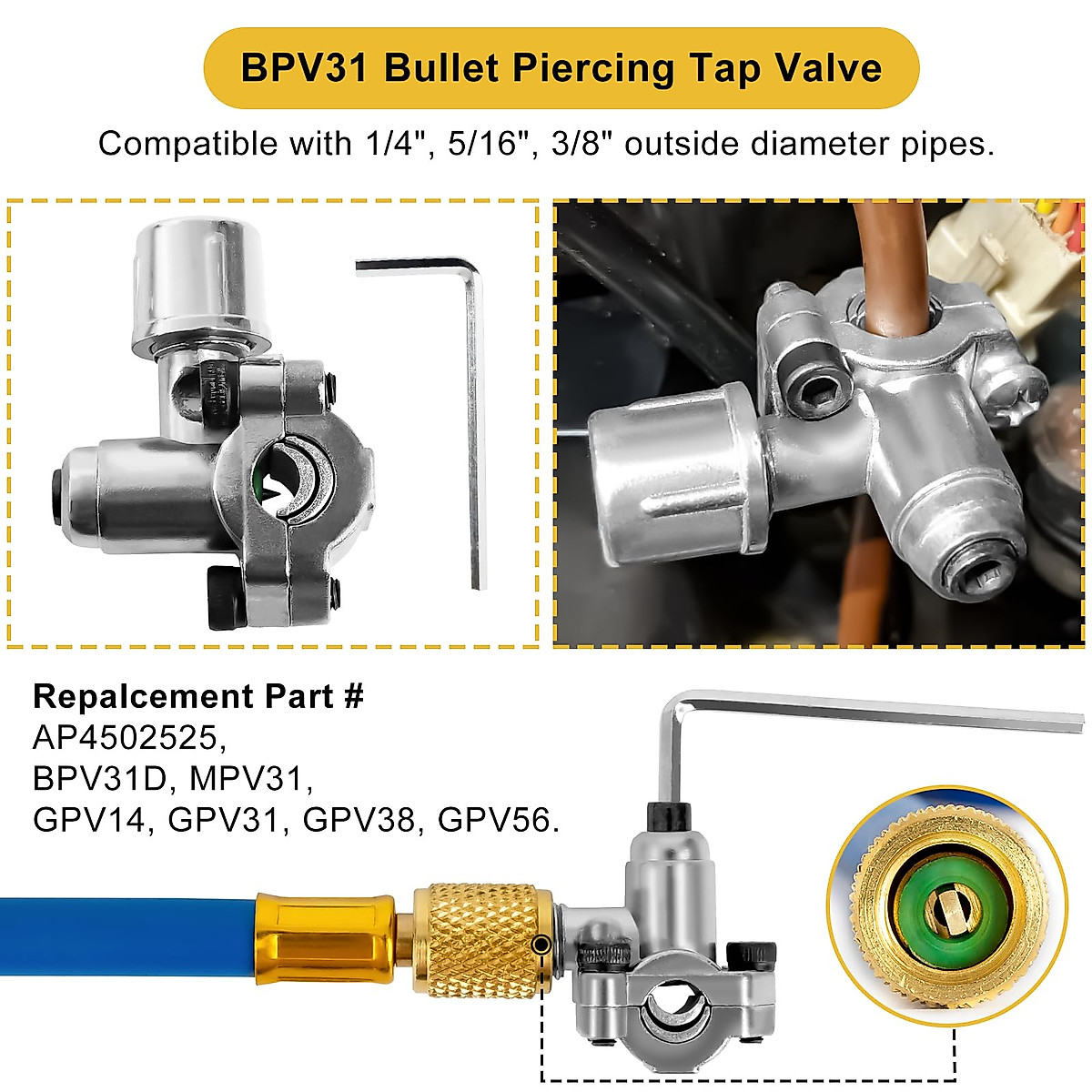 Belleone R134a Refrigerant Recharge Kit with BPV31 Bullet Piercing Valve and R134a Quick Coupler, R134a/R-12/R-22 Freon Refrigerant Hose Can Tap Kit for A/C System - Easy to use