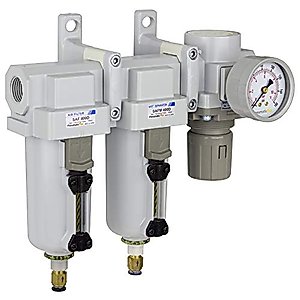 PneumaticPlus SAU430-N04DG-MEP Three Stage Air Drying System Particulate Air Filter, Coalescing Filter, Air Pressure Regulator Combo 1/2" NPT - Metal Bowl, Auto Drain, Bracket, Gauge