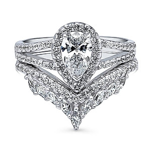 BERRICLE Sterling Silver Halo Wedding Engagement Rings Pear Cut Cubic Zirconia CZ Split Shank Ring Set for Women, Rhodium Plated Size 7