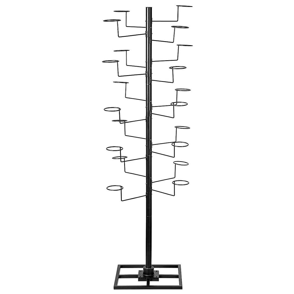 MyGift 6 Foot Modern Freestanding Black Metal Hat Organizer Rack, 360 Degree Rotating Wig or Cowboy Hat Display Stand with 20 Customizable Circular Hooks