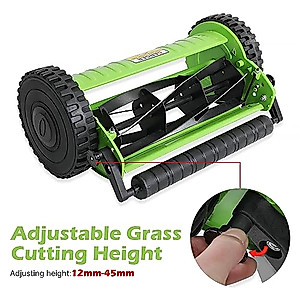 Qxznby 15-Inch Manual Lawn Mowers Push Lawn Mower Reel Mower Adjustable Cutting Height with Detachable Grass Catcher 5 Steel Blades 2 Wheels Easy to Use for Villas Parks Gardens Lawn (Green)