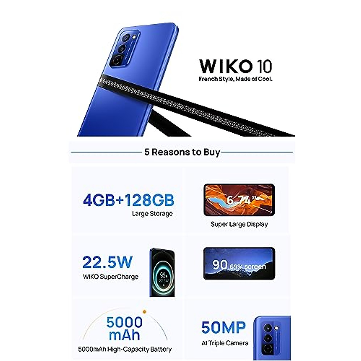 WIKO 10 4G Cell Phone Unlocked Smartphone Android 12 4GB RAM 128GB ROM 5000mAh 6.74 Inch Super Big Display 50MP AI Triple Camera Mobile Phones, US Version, Silver