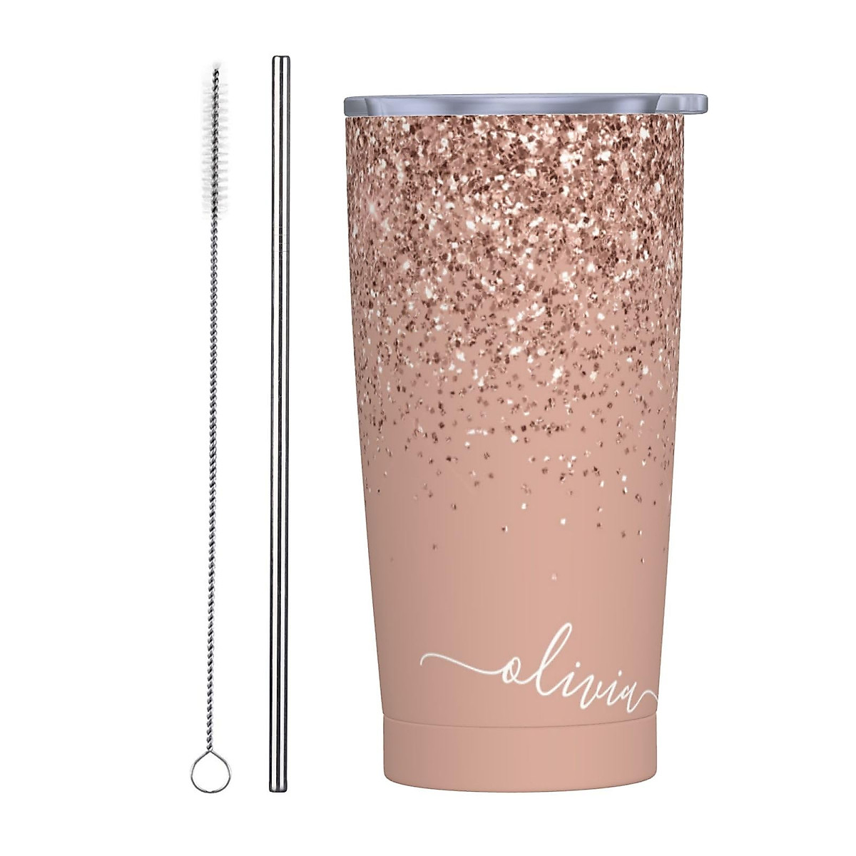Blush Pink Rose Gold Glitter 20oz Tumbler Stainless Steel Vacuum Insulated Double Wall Travel Tumbler, Durable Insulated Coffee Mug, Thermal Cup With Lid and Straw for Hot & Cold Drinks