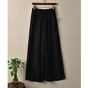 IXIMO Women's Cotton Linen Wide Leg Pants Casual Drawstring Lounge Palazzo Loose Trousers Black L
