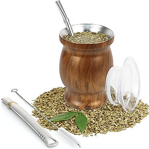 ROCKY&CHAO 8 Oz Yerba Mate Gourd Tea Cup, Stainless Steel Double-Walled Teacup Set Traditional Mate Cup Included 2 Bombillas(Yerba Mate Straws), Yerba Mate Gourd Cup and Cleaning Brush, Wood Grain
