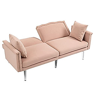 FULife 65" Mid Century Modern Velvet Upholstered Futon Sofa Split Back Loveseat Convertible Sleeper Couch Bed Daybed,Folding Recliner with Armrest&2 Pillows for Living Room/Compact Space, Pink