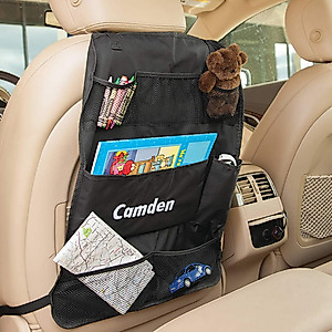 Fox Valley Traders Personalized Children's Back Seat Organizer with Storage Pockets, Customized Smart Travel Car Organizer, Black