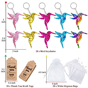 CiciBear 60 Pack Double-Deck Hummingbird Sequin Keychain Set with 20 Hummingbird Keychains, 20 Thank You Tags and 20 Bags for Hawaiian Tropical Party Favor, Kids and Birthday, Baby Shower, 5 Colors