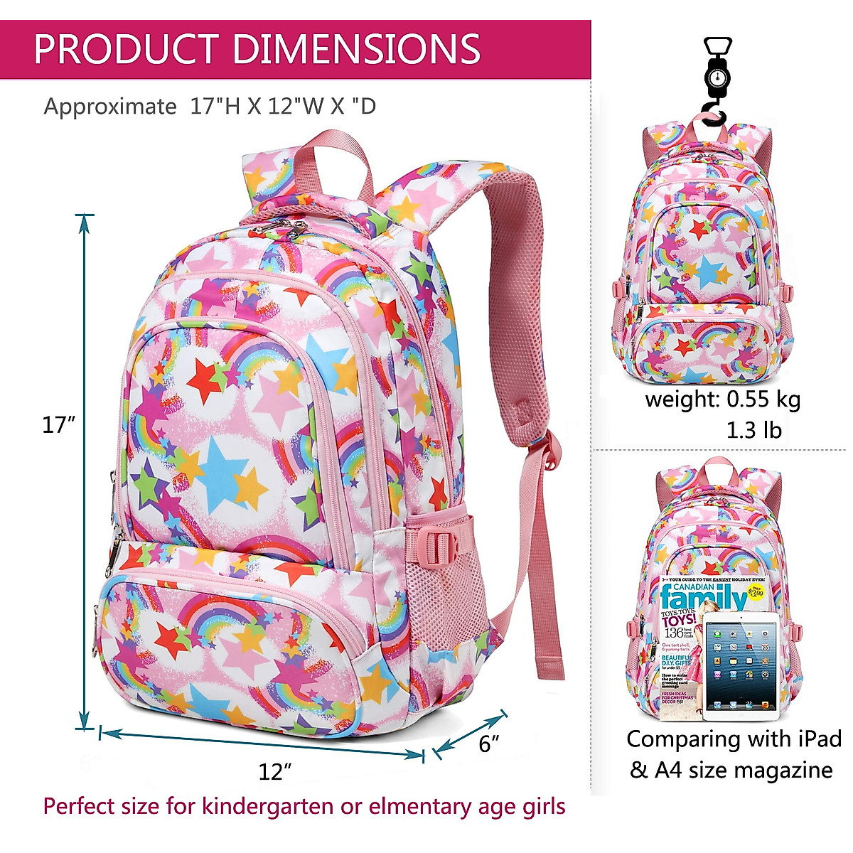 BLUEFAIRY Kids Backpack for Girls Elementary Primary School Bags for Kindergarten Childs Bookbags Lightweight Cute Gifts 17" Mochilas Escolares para Niñas de 6 7 8 9 Rainbow Pink