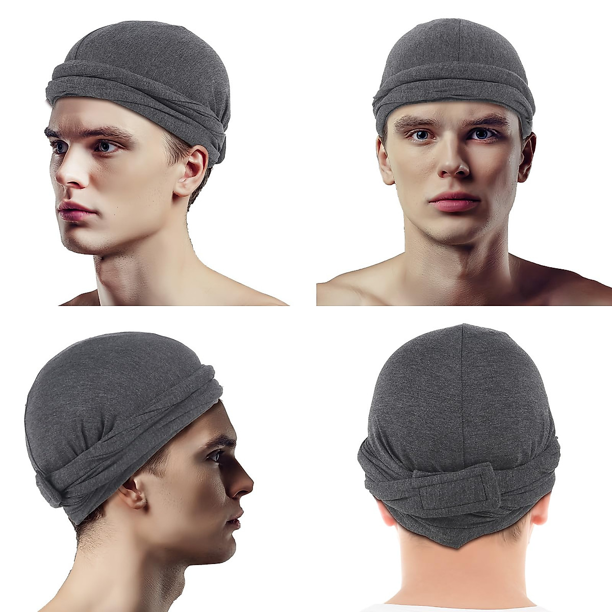 BAGIFT Turban Hat for Men,Silk Satin Lined Halo Turban Head Wrap Skull Cap for Men and Women (White)