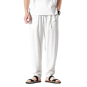 HangNiFang Mens Cotton Linen Elastic Waistband Tapered Cuffed Pocketed Pants (0141-White-XL)