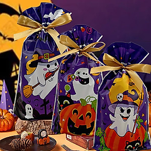 VIFOME 24 Pcs Halloween Bags Ghost Bags Halloween Trick Treat Bags Plastic Bags with Ribbons for Gift Wrapping Halloween Party Decoration