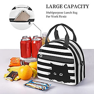 Cute Cat Black And White Striped Background Lunch Bag Funny Animal Kitten Reusable Insulated Lunch Tote Bag Lunchbox Container With Adjustable Shoulder Strap For Office Work School Picnic Travel