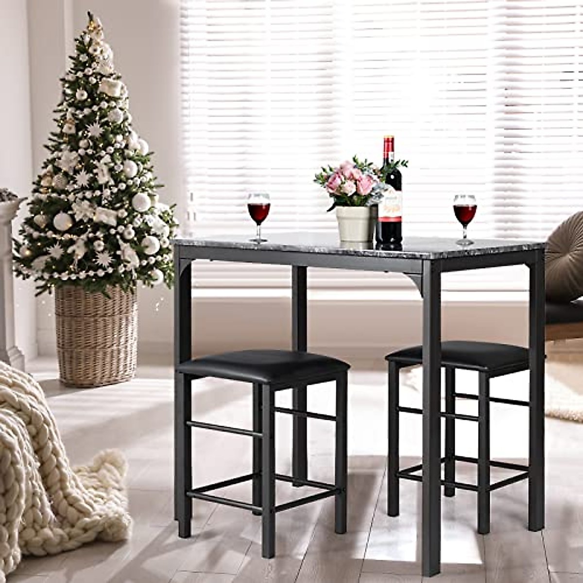 COSTWAY 3 Pieces Dining Table Set, 2 Person Kitchen Breakfast Table and Chair Set Pub Table and Chairs Set, Counter Height Dining Table Set with 2 Bar Stools (Black)