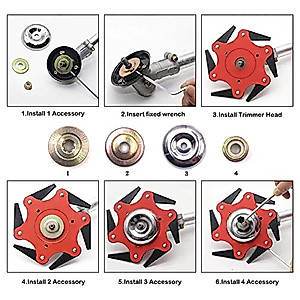 Universal 6 Teeth Trimmer Head, Blade Adapter Kit, 6 Steel Razors Trimmer Head, Thrust Plate Guard Washer, Thrust Washer, Rider Plate, Lock nut, Lawn Machine Parts Replacement Accessary