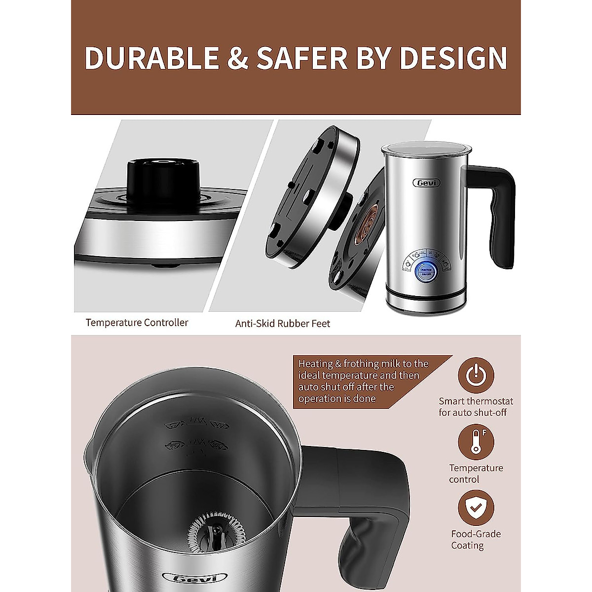 Gevi Milk Frother, 4 in 1 Stainless Steel Electric 10.1 oz/2.5 oz Automatic Cold and Hot Milk Foam Maker & Milk, Chocolate Warmer for Macchiato, Cappuccino, Hot Chocolates, Latte, 500W, 120V, Silver