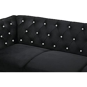 New Classic Furniture Glam Emma Velvet Two Seater Chesterfield Style Loveseat for Small Spaces with Crystal Button Tufts, Black