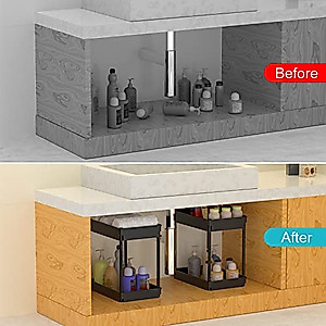 under sink organizers and storage, 2 Pack bathroom counter organizer and storage under sink 2 Tier under kitchen sink organizers with Wheels and Hooks, Multipurpose bathroom sink cabinet organizer