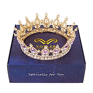 Crowns for Women, Vofler Queen Tiara Baroque Vintage Gold Pink Crystal Rhinestone Headband for Lady Girl Bridal Bride Princess Prom Birthday Wedding Pageant Prom Homecoming Halloween Costume Party