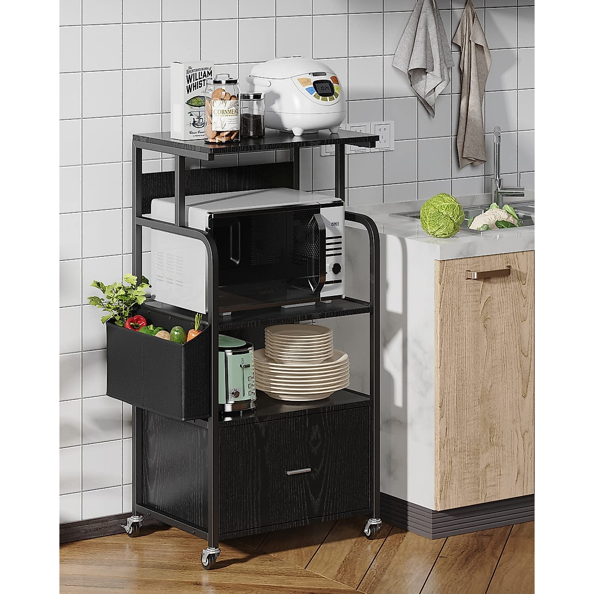 Gizoon 42'' Home Office Printer Stand with Storage Drawer, 3 Tier Large Tall Printer Shelf Cart W/Lockabel Rolling Wheels, Versatile - Black