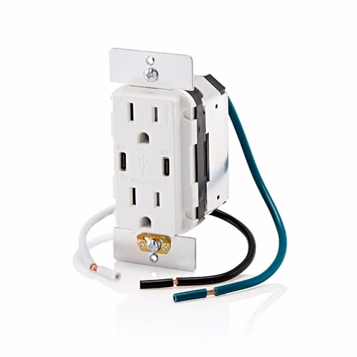 Leviton T5636-W 60W USB Dual Type-C Power Delivery In-Wall Charger with 15A Outlet, USB Charger for Laptops, Smartphones, Tablets, and More, White