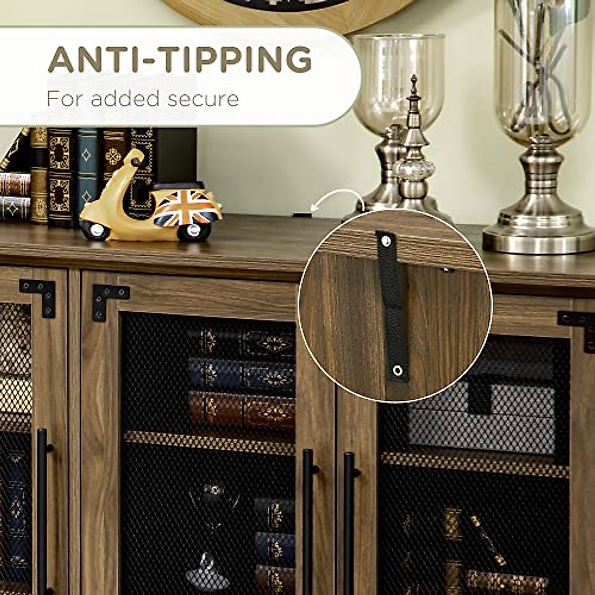 HOMCOM Farmhouse Sideboard, Buffet Cabinet with Adjustable Shelves and Wire Mesh Door, Credenza, Walnut