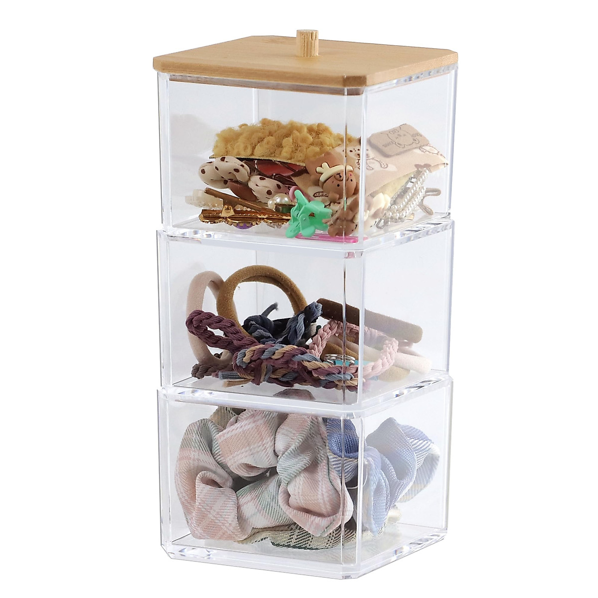 Clear Bathroom Dresser Organizer 3 Compartment with 1 Lid, Transparent Hair Accessories Organizer, Cotton Ball and Swab Holder, Small Plastic Storage Containers Vanity Makeup Organization (Wood Lid)