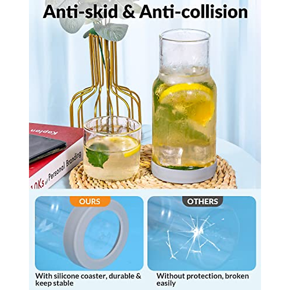 Bedside Nightstand Water Carafe and Glass Set, Night Water Carafe with Tumbler Cup, Clear Glass Mouthwash Dispenser for Bathroom, with Silicone Coaster, Heat and Cold Resistant, 18 OZ