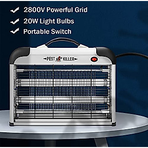 Bug Zapper Indoor, 2800V Powerful Flying Insect Mosquito Killer w/ 20W Blue Light Attract, Plug-in Pest Control Machine for Moth, Fruit Fly, Fungus Gnat, Garage Bug Catcher
