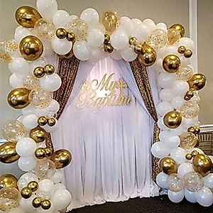 RUBFAC 104pcs Gold and White Balloons Garland Arch Kit with Gold Confetti Balloons for Baptism Wedding Birthday Party Decoration