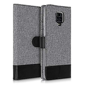 kwmobile Wallet Case Compatible with Xiaomi Redmi Note 9S / 9 Pro / 9 Pro Max - Case Fabric and Faux Leather Phone Flip Cover - Grey/Black