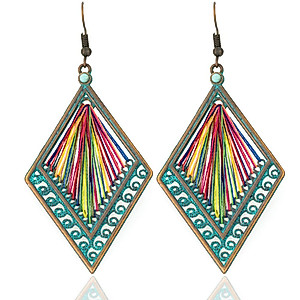 Soul Statement Women's Western Rainbow Thread Geometric Boho Dangle Festival Earrings - Unique Bronze & Teal Threader Bohemian Summer Jewelry for Women (Rainbow Thread)