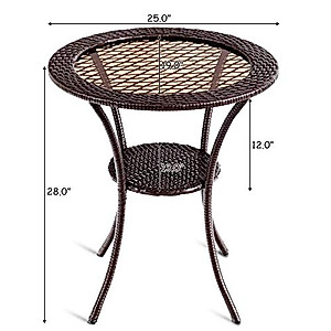 Tangkula 25 inch Patio Wicker Coffee Table Outdoor Backyard Lawn Balcony Pool Round Tempered Glass Top Rattan Steel Frame Side Table Furniture W/Storage Shelf, Brown