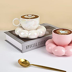Koythin Ceramic Coffee Mug with Saucer Set, Creative Cute Cup with Sunflower Coaster for Office and Home, 6.5 oz/200 ml for Tea Latte Milk (Pearl White)