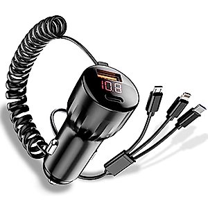 Car Charger, Cigarette Lighter USB Charger, Dual Ports Car Charger Adapter with Coiled Lightning Cable and 3 in 1 Fast Charging Cord for Android, iPhone, Type/Various Interfaces