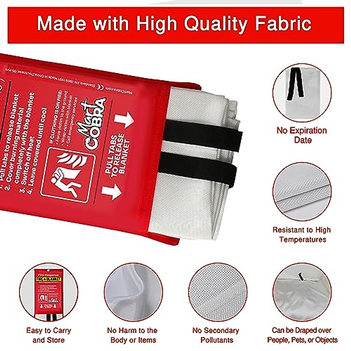 Mart Cobra Fire Blanket for Home Safety x1 Emergency Fire Blanket for Kitchen Fiberglass Fire Blankets Fireproof Blanket House Fire Safety Flame Retardant Fabric Home Safety Tarp Grease Spray