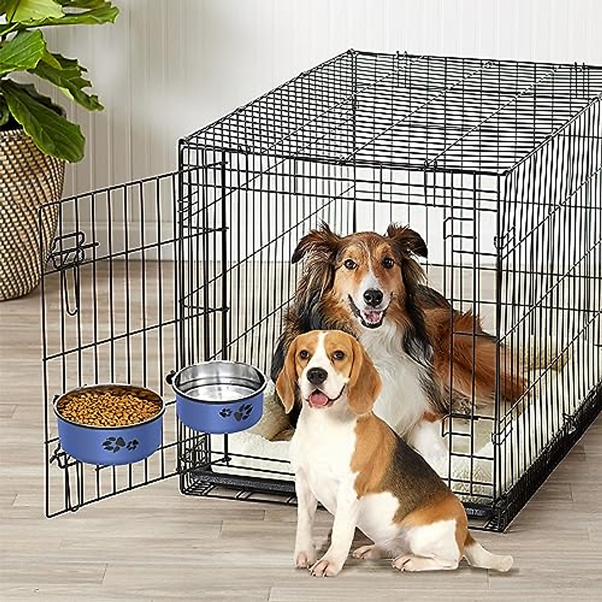 OFFKITSLY 2 Pack Stainless Steel Dog Crate Water Bowls, No Spill, Anti-Tipping, Hygienic, Easy to Clean, Cute Pattern, Perfect Size