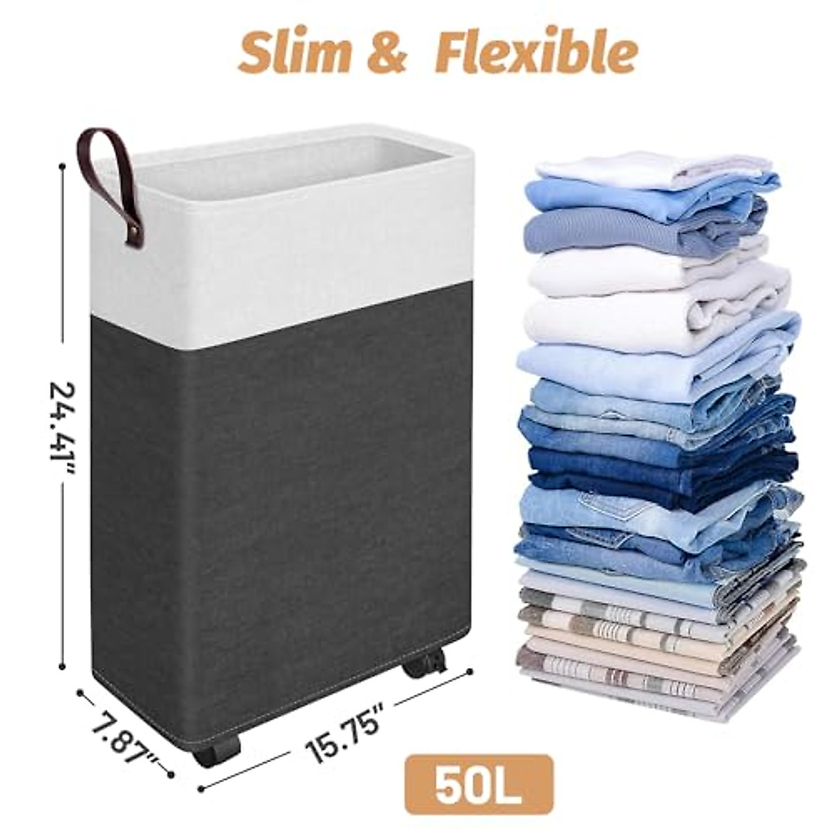 EpicTotes 24.4-Inches Rolling Slim Laundry Basket on Wheels, Collapsible & Waterproof Laundry Hamper, Freestanding Narrow Corner Clothes Bins with Easy Carry Handles for Clothes at Home, Grey