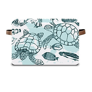 Storage Basket Gift Baskets with Handles Foldable Decorative Canvas Storage Bin for Living Room Shelves Office Clothes, 14x10x8 In(Sea Turtle)
