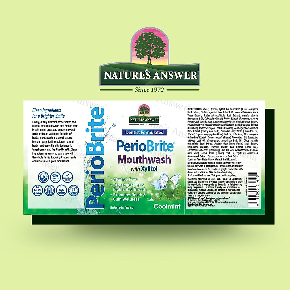Nature's Answer Periobrite Cool Mint All-Natural Mouthwash | Promotes Healthy Teeth & Gums | Fights Bad Breath | Flouride-Free, Alcohol-Free & Gluten-Free | No Articial Preservatives 16oz (2 Pack)