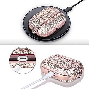 ULAK Compatible with AirPods Pro Case, Glitter AirPods Pro 1st Generation Case for Women Girls Bling Sparkle Leather Shockproof Protective iPods Pro Cover with Keychain for AirPod Pro 2019, Pink