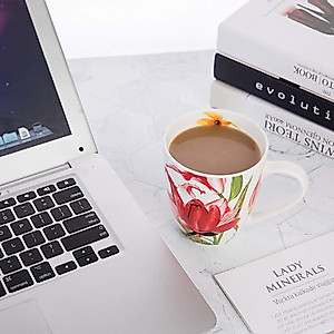 PULCHRITUDIE 12 Oz Coffee Tea Mugs Set, Fine Porcelain Floral Design, Set of Four